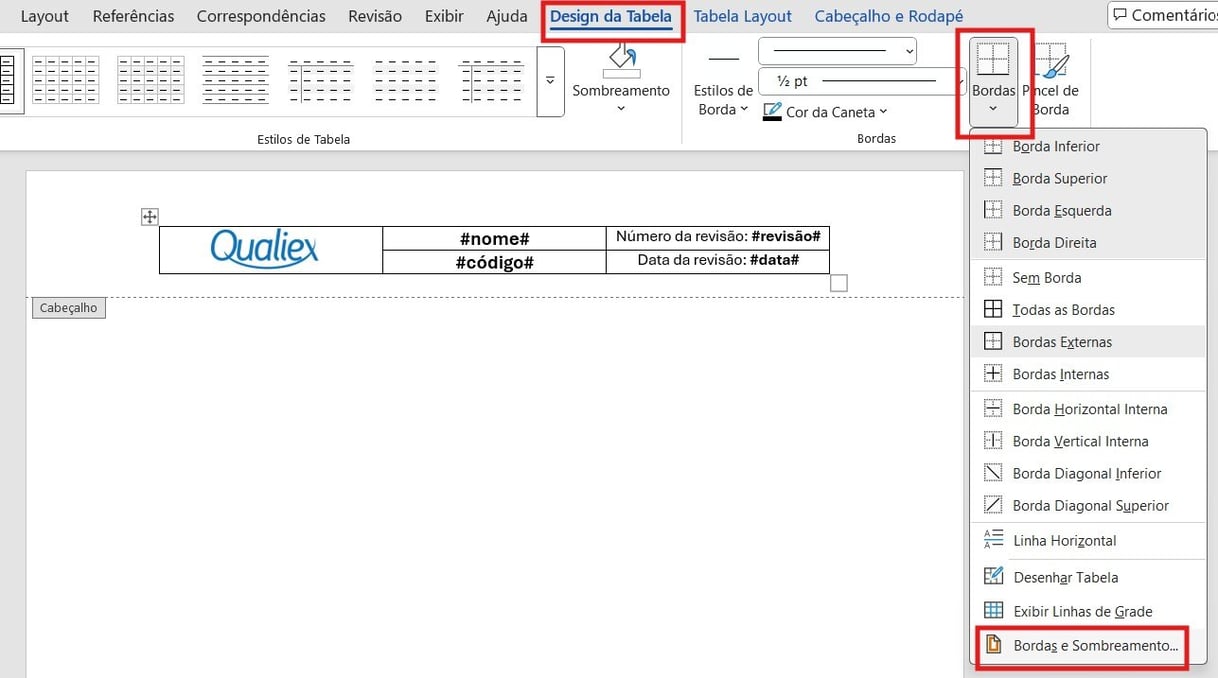 Modelo de cabeçalho e rodapé no Word